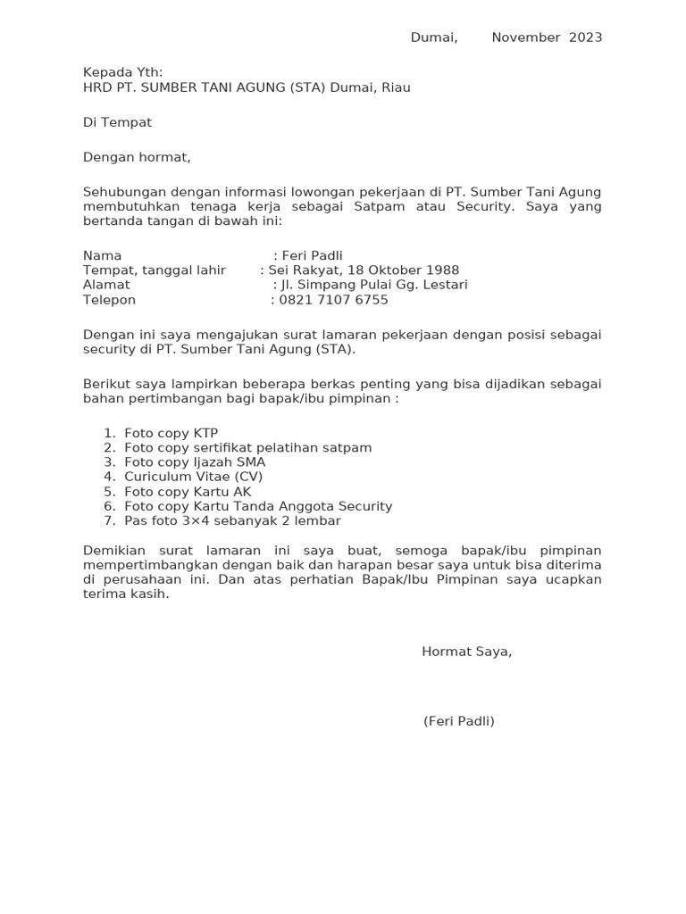 Surat Lamaran KK Yumna STA | PDF