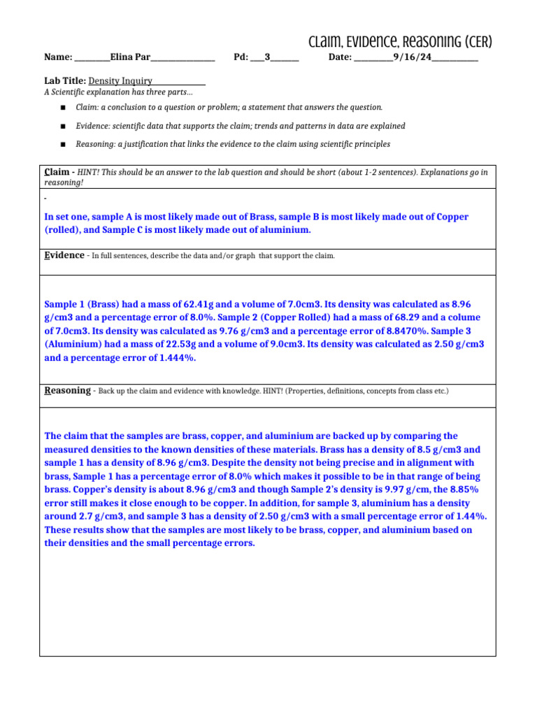 Density CER Organizer | PDF | Science & Mathematics