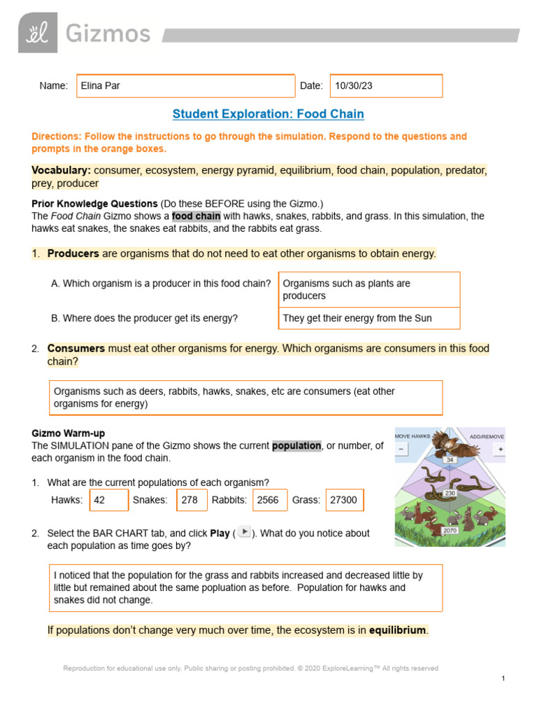 Food Chain Gizmos SE Sheet | PDF | Predation | Herbivore