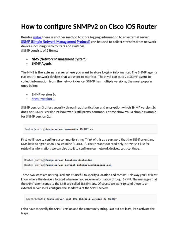 How To Configure SNMPv2 On Cisco IOS Router | PDF