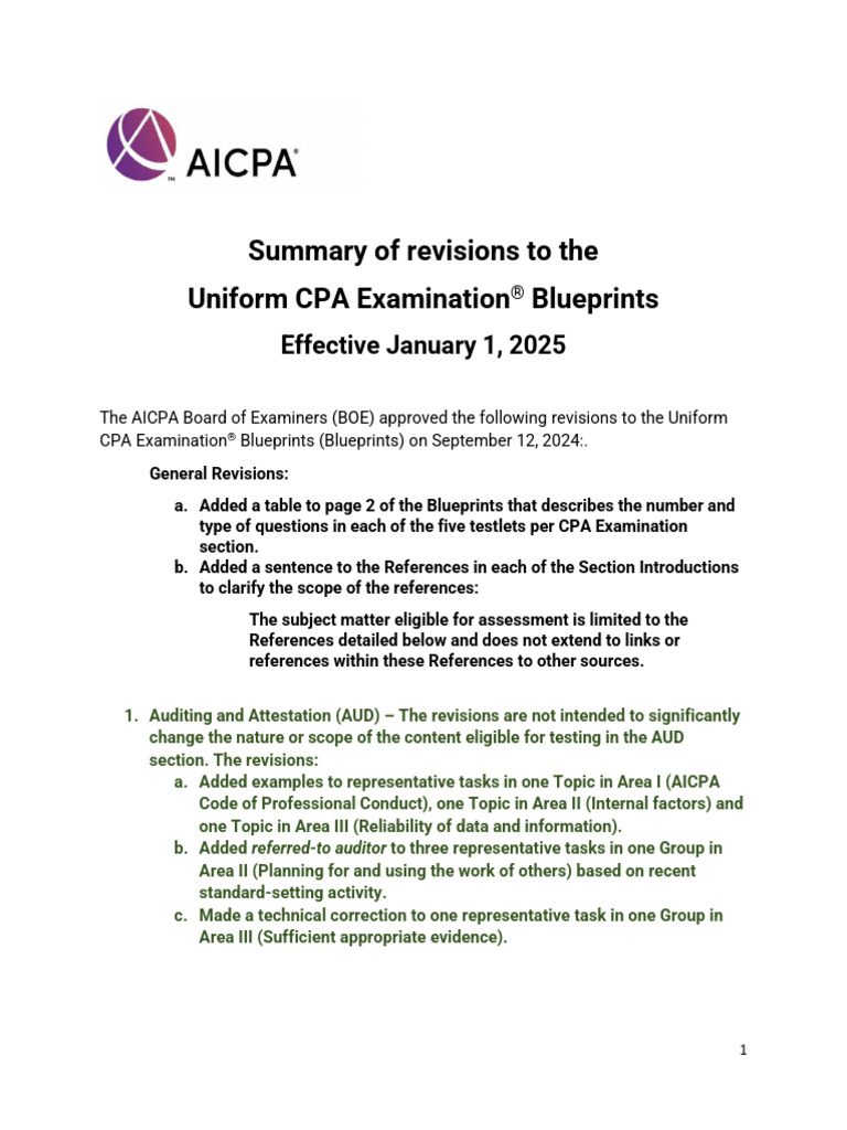 Summary of Changes To The Exam Blueprints Effective 01012025 | PDF | Uniform Certified Public ...
