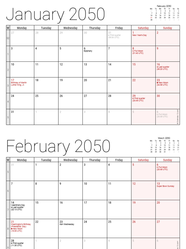 January - December 2050 | PDF | Easter | Holidays