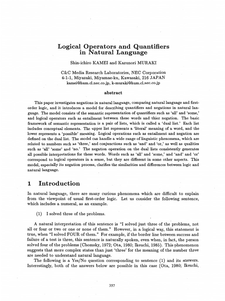 Logical Operators and Quantifiers in Natural Language | PDF