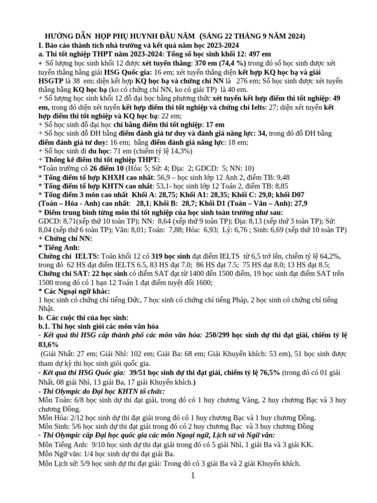 ND họp PHHS đầu năm học 2024-2025 - GVCN | PDF