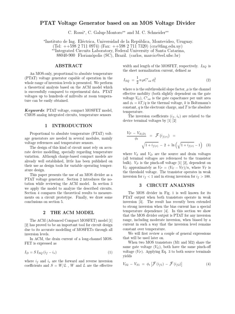 PTAT Voltage Generator Based On An MOS Voltage Divider | PDF | Mosfet ...