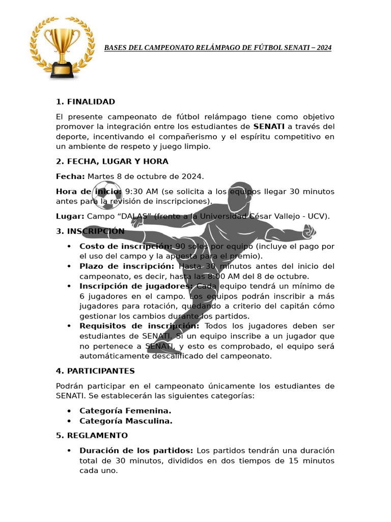 Bases Campeonato Relámpago SENATI 2024 | PDF | Asociación de Futbol ...