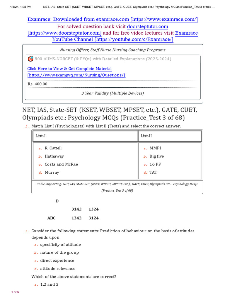Psychology MCQs for Competitive Exams | PDF | Attitude (Psychology ...