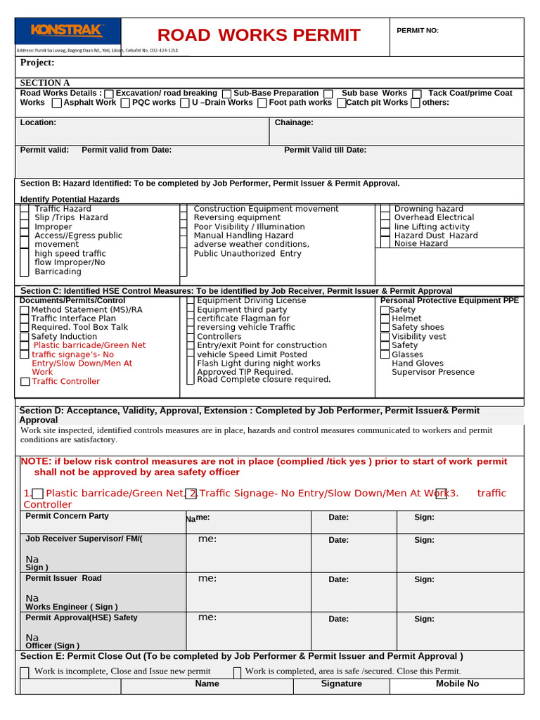 WORK PERMIT ROADWORKS-KPI | PDF | Road | Personal Protective Equipment
