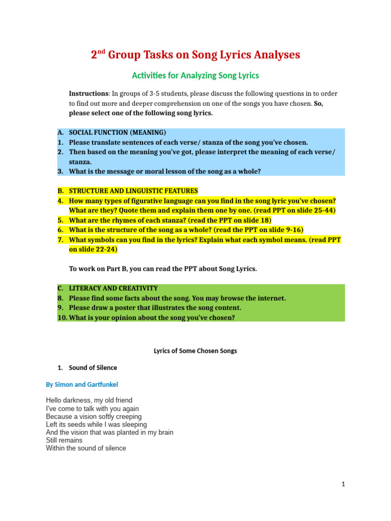 Analyzing Song Lyrics: Group Activities | PDF | Language Arts ...