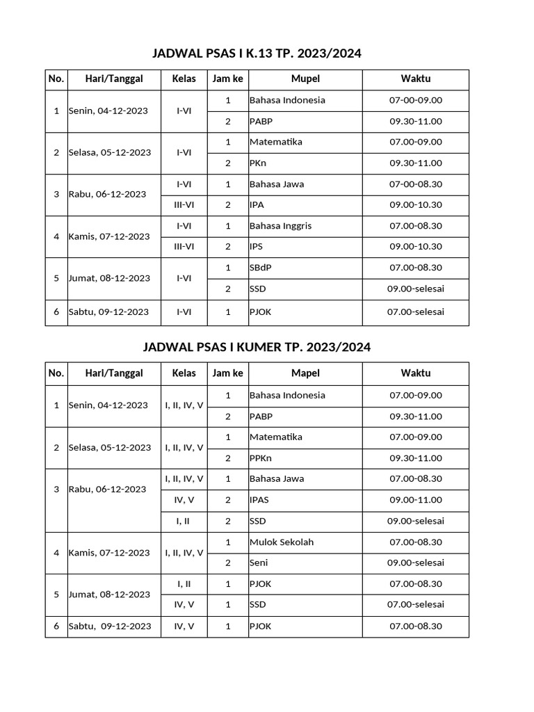 Jadwal PSAS I 2023-2024 | PDF