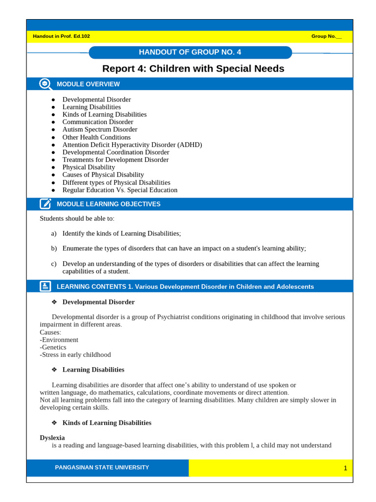 Handout Word Group4 Profed102 | PDF | Learning Disability | Mental Disorder