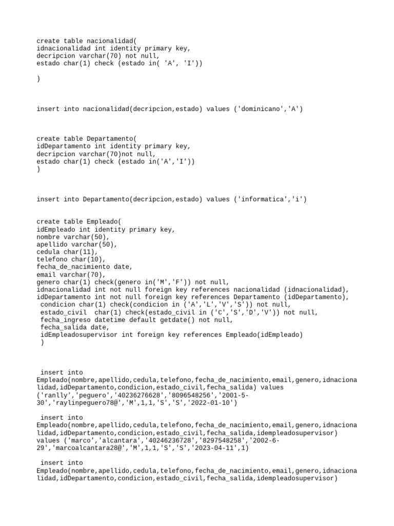 Esquema y Datos de Empleados SQL | PDF | Bases de datos | Modelo de datos