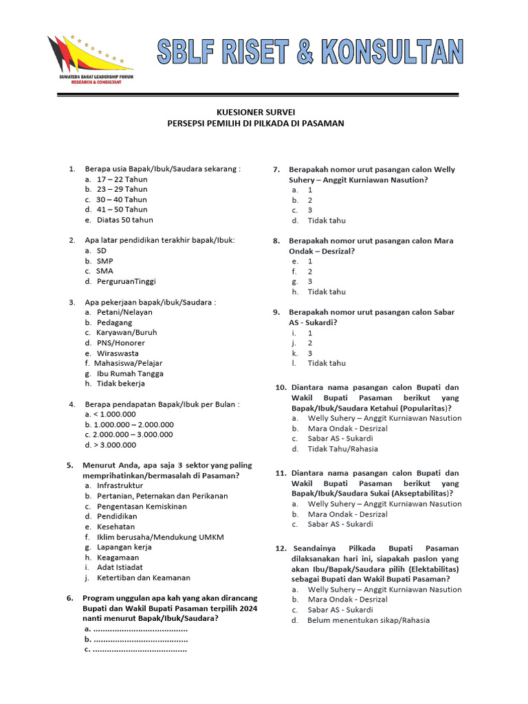 Kuesioner Survei Pasaman | PDF