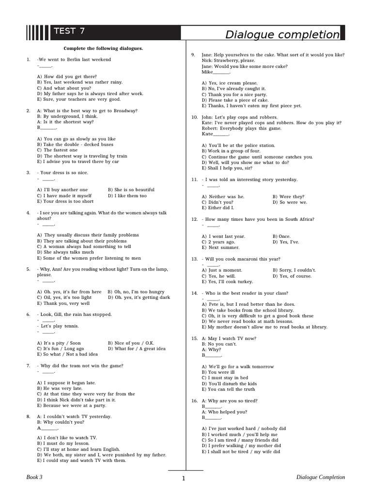 Dialogue Completion Test and Answer Key | PDF