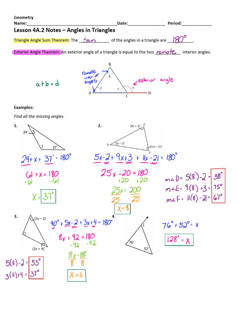 4A.2 Angles in Triangles KEY | PDF | Triangle | Geometric Shapes