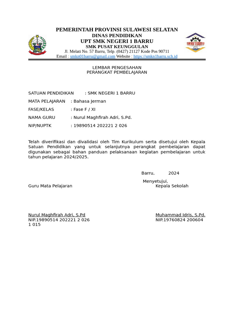 Surat Pengesahan Perangjat Bhs Jerman Semester Ganjil TP 2024-2025 | PDF