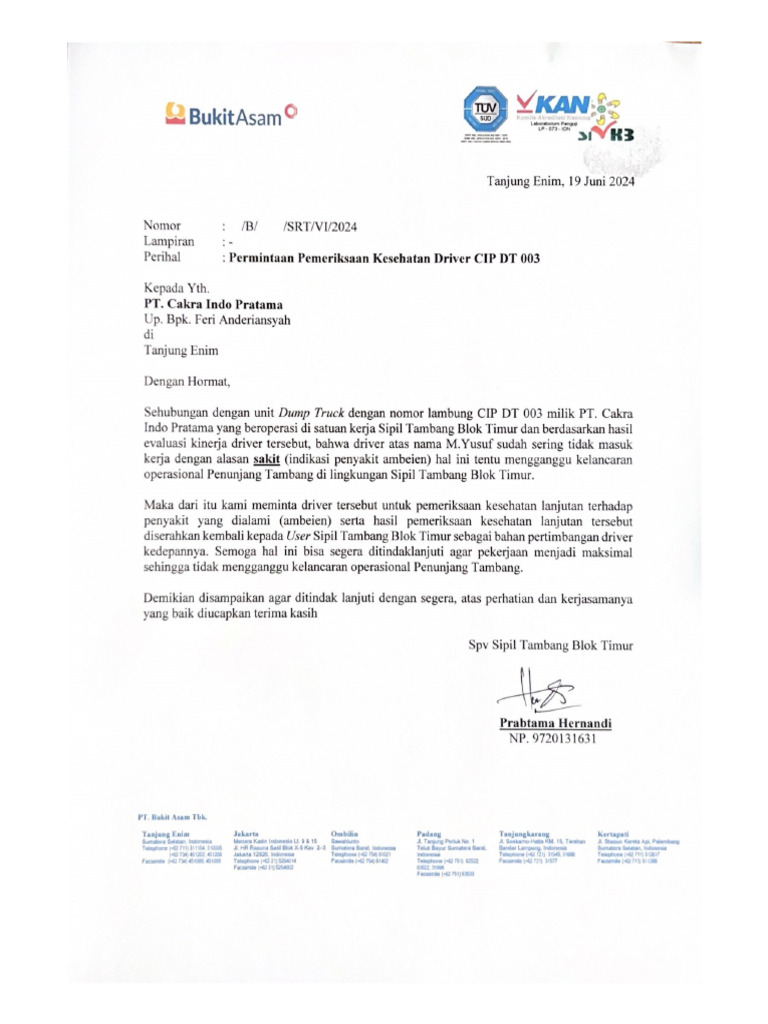 Surat Permintaan Pemeriksaan Kesehatan Driver CIP DT 003 | PDF