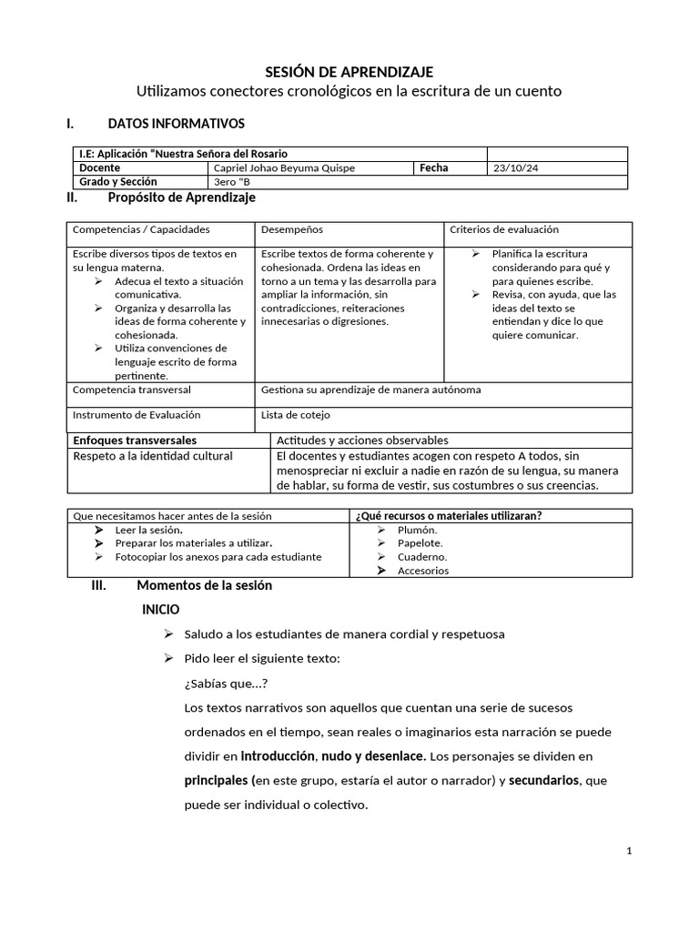 Formato - Sesion - de - Aprendizaje - Primaria 23 | PDF | Narración | Aprendizaje