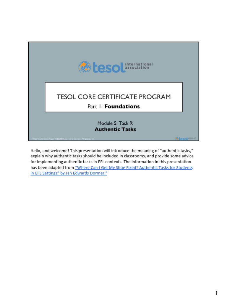 Task - 7 - Authentic Tasks Presentation | PDF | Second Language | Classroom