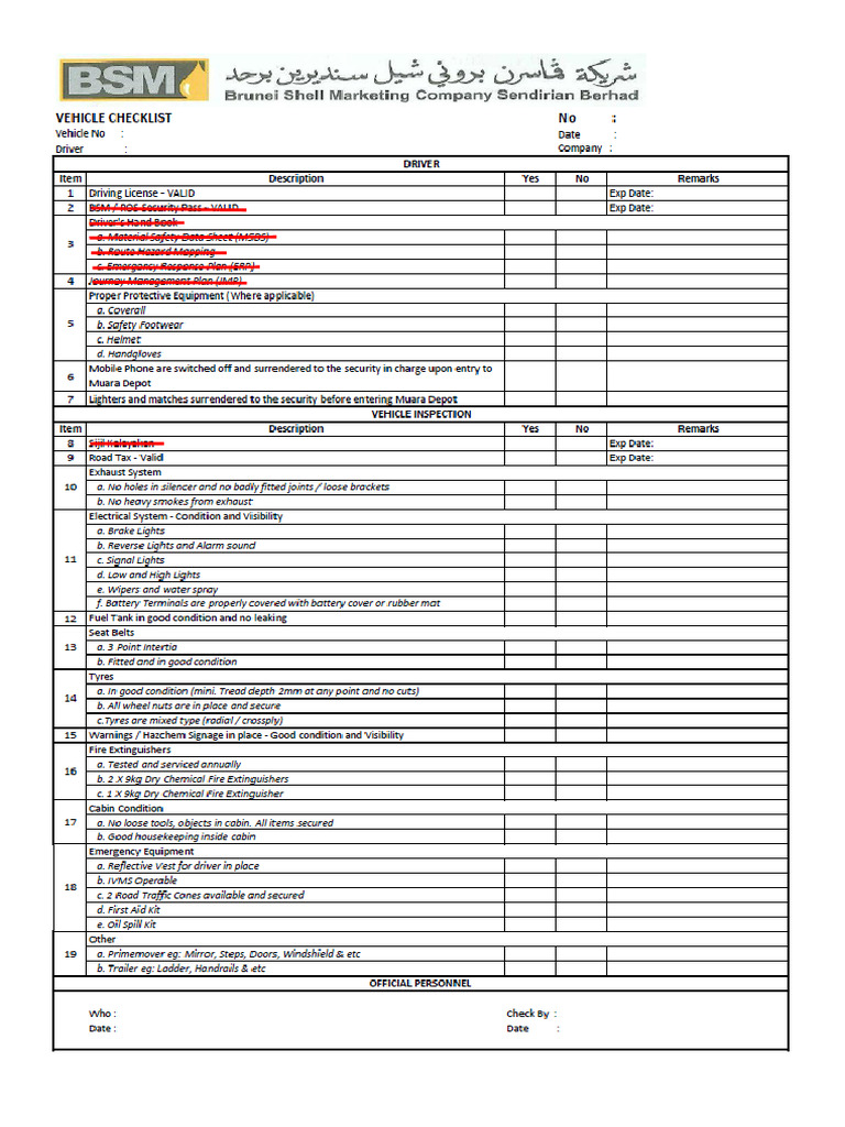 Vehicle Inspection Checklist | PDF