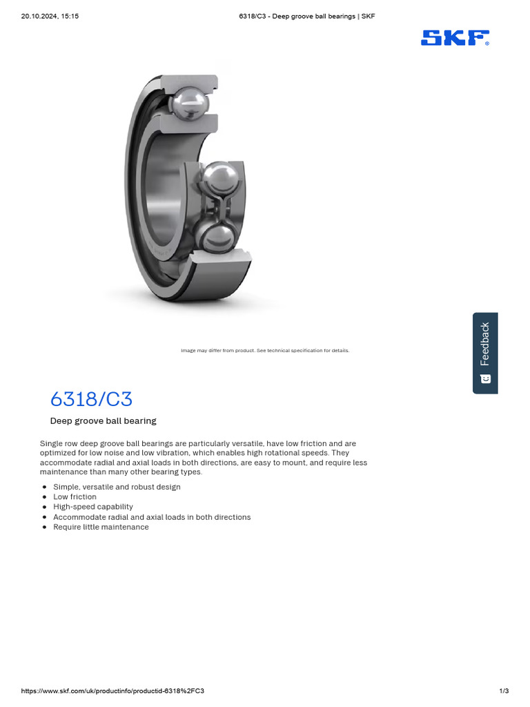 6318 - C3 - Deep Groove Ball Bearings - SKF | PDF | Bearing (Mechanical ...