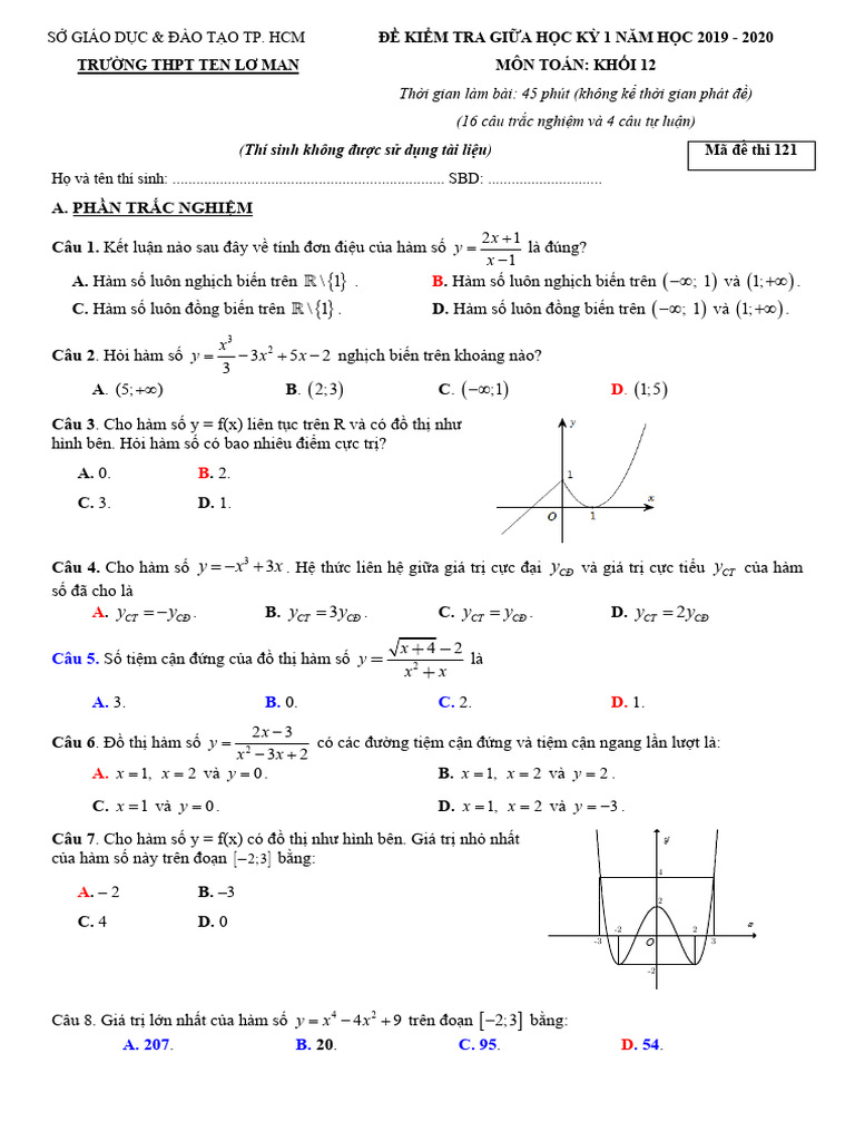 De Kiem Tra Giua Hoc Ky 1 Toan 12 Nam 2019 2020 Truong Ten Lo Man TP HCM | PDF