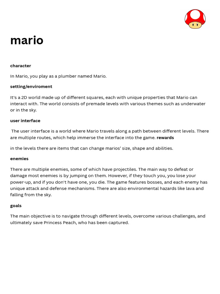 Mario Game Overview: Characters & Levels | PDF | Self-Improvement