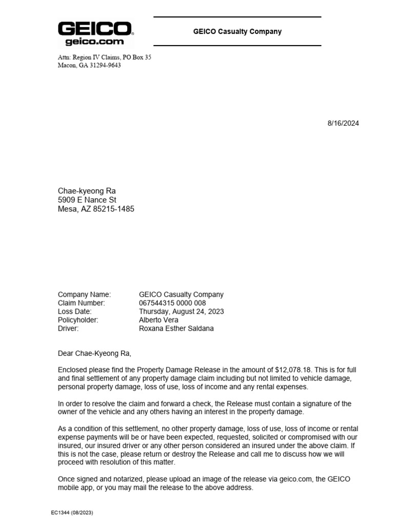 1 Property Damage Release CW With Cover Letter 08-16-2024 | PDF ...
