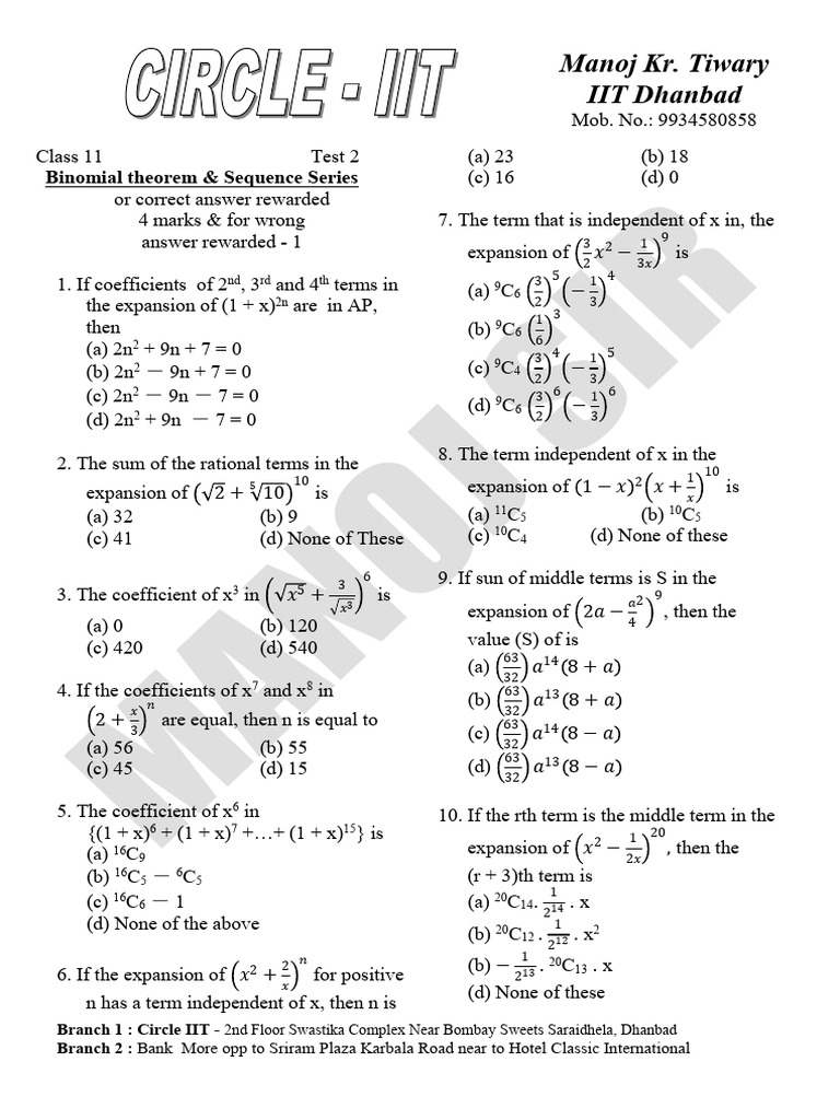 01 Binomial Theorem & Sequence Series. Class - 11 | PDF | Mathematical ...