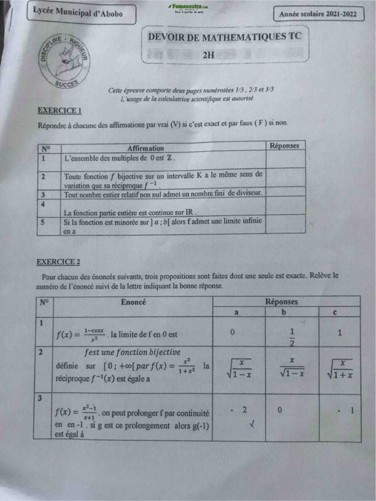 Devoir n1 Maths Tc Lycée Municipal Abobo 21-22 | PDF