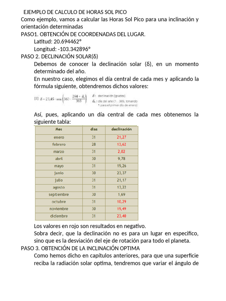Ejemplo de Calculo de Horas Sol Pico | PDF | Latitud | Radiación