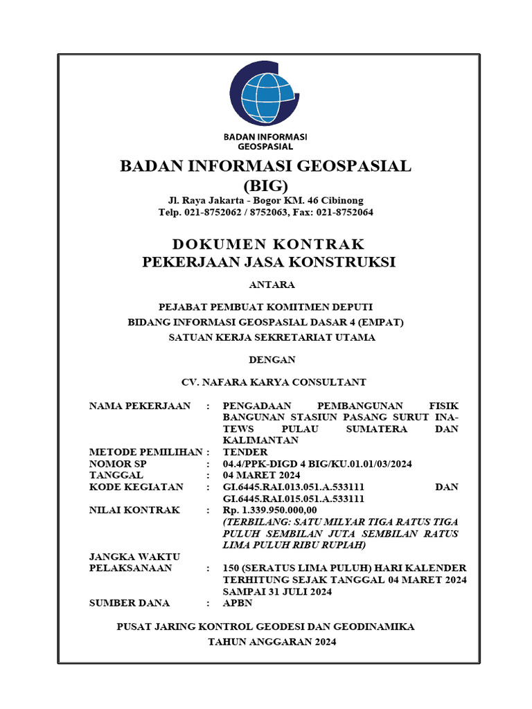 0 - SUMKAL - COVER - Kontrak Pembangunan Fisik Bangunan Stasiun Pasang ...