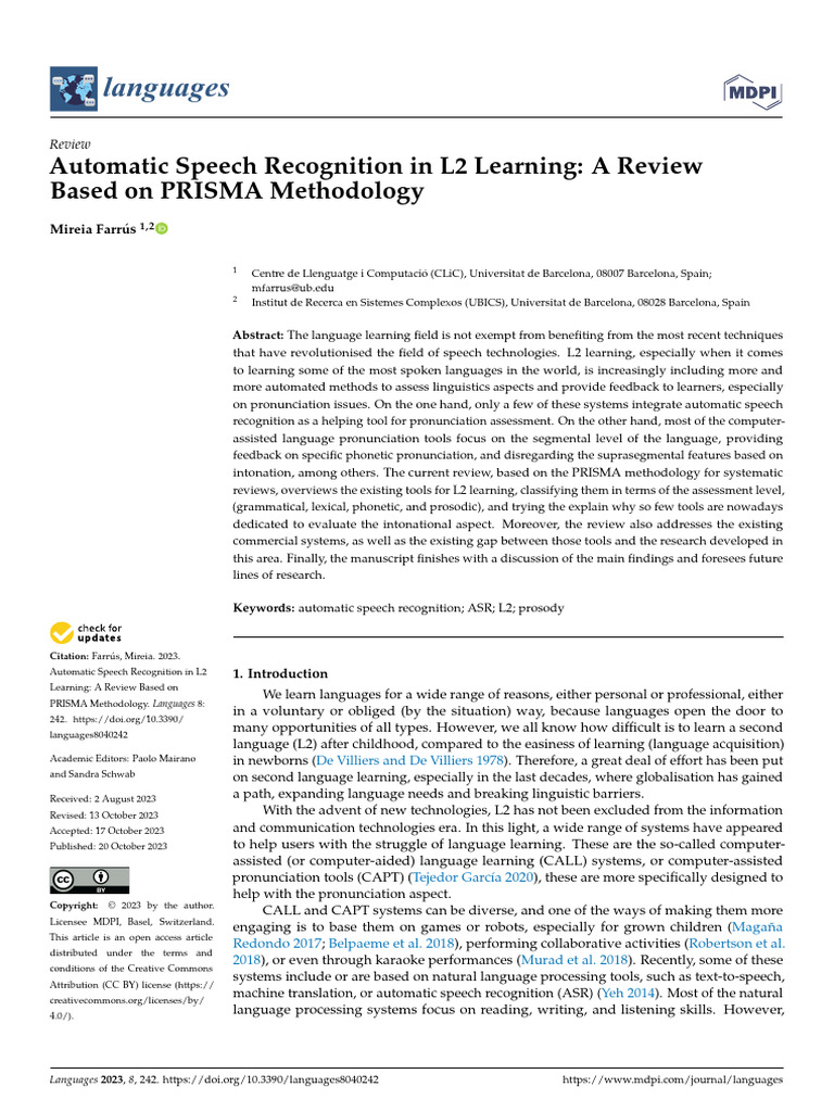 2023-Automatic Speech Recognition in L2 Learning A Review Based on PRISMA Methodology | PDF ...