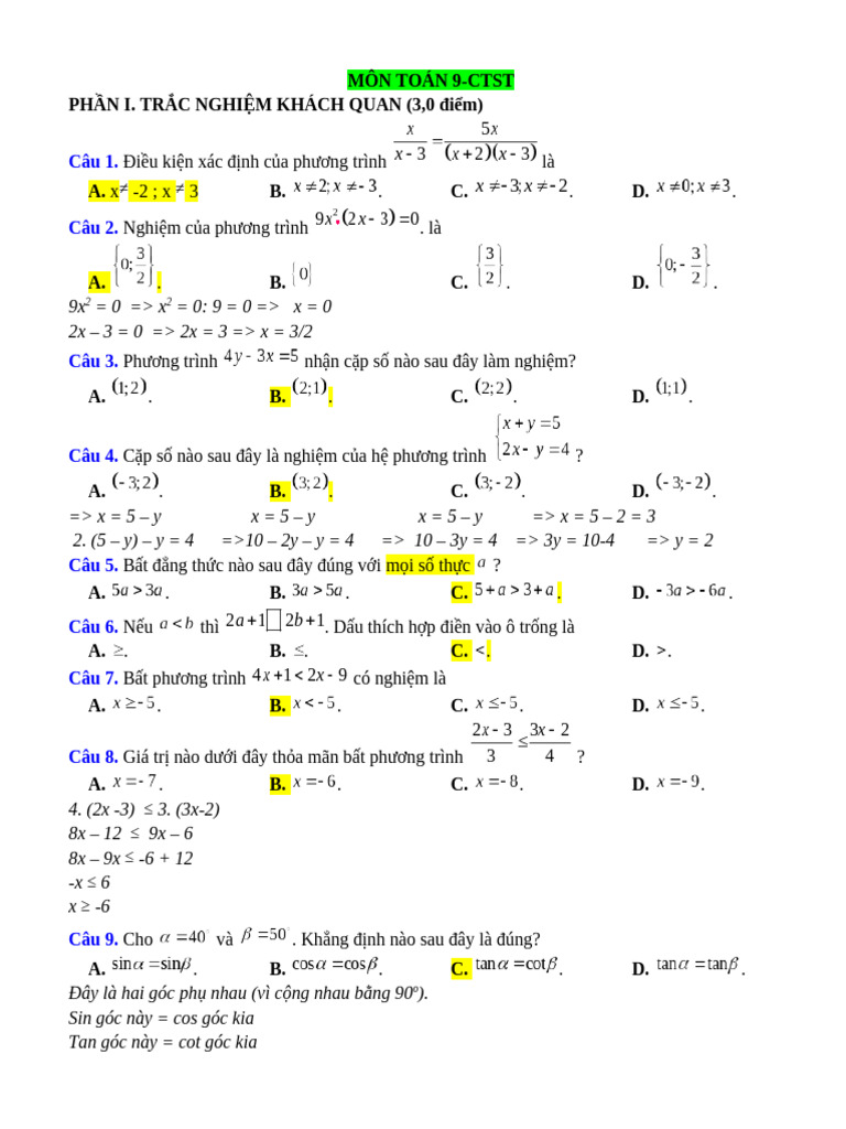 Bo de Kiem Tra Giua HK1 Toan 9 CTST | PDF