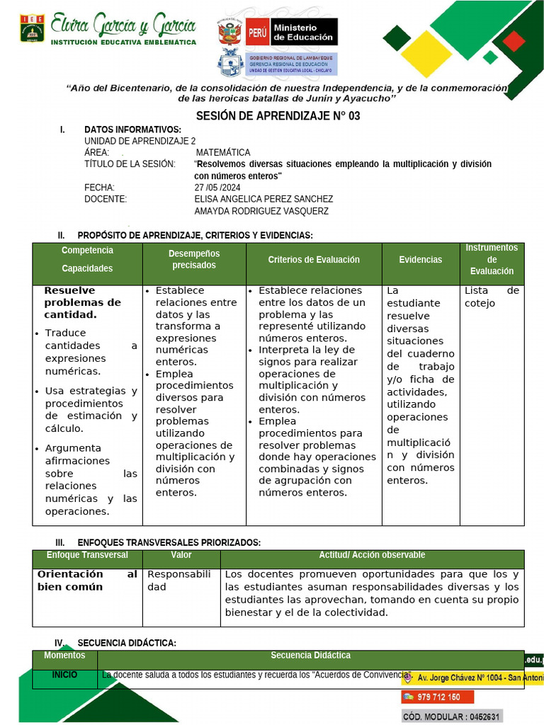 SESIÓN de APRENDIZAJE 3 Multipliacion y Division de Enteros | PDF | Aprendizaje | Multiplicación