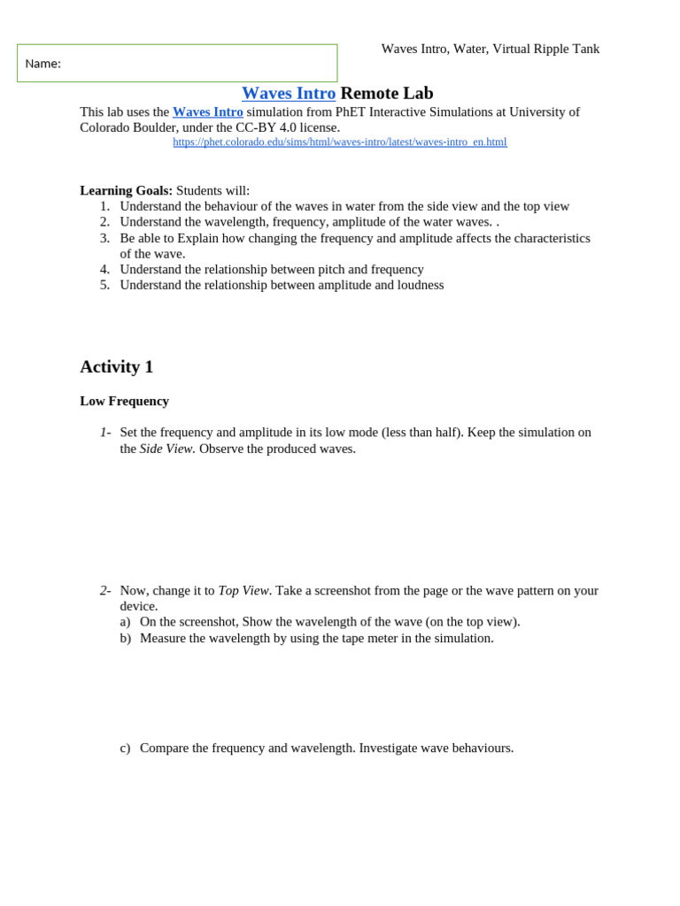 Activity 2 Waves Water Virtual Ripple Tank PhET Year 2 | PDF | Sound ...