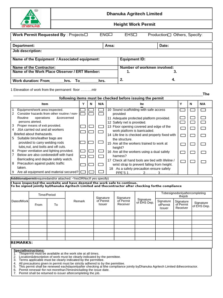 2. Height Work Permit - Copy | PDF | Safety | Occupational Safety And ...