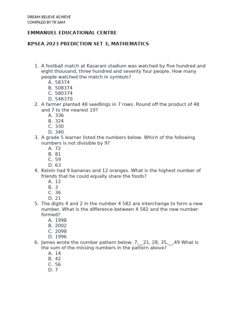 Mathematics Kpsea Set 3-1 | PDF | Agriculture