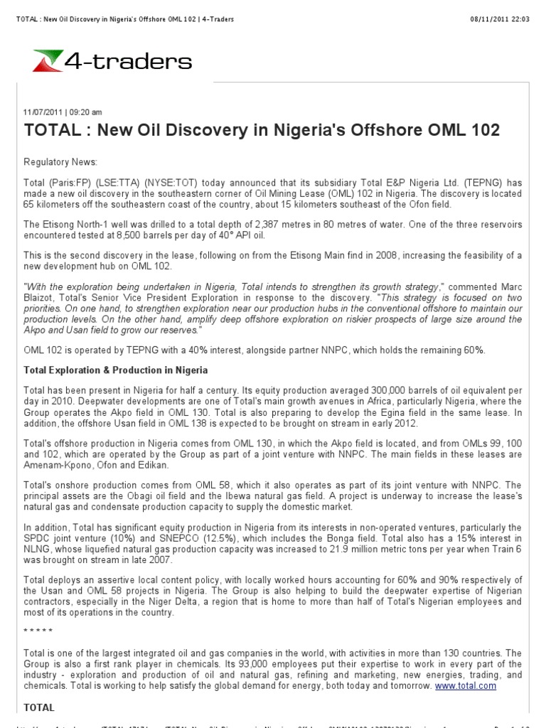 TOTAL: New Oil Discovery in Nigeria's Offshore OML 102 - 4-Traders ...