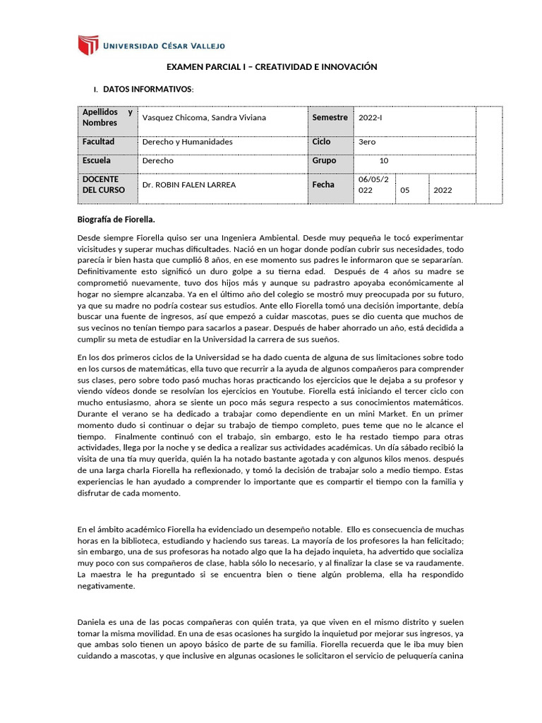 Examen Parcial I - Creatividad e Innovacion - Caso 4 (1) . | PDF