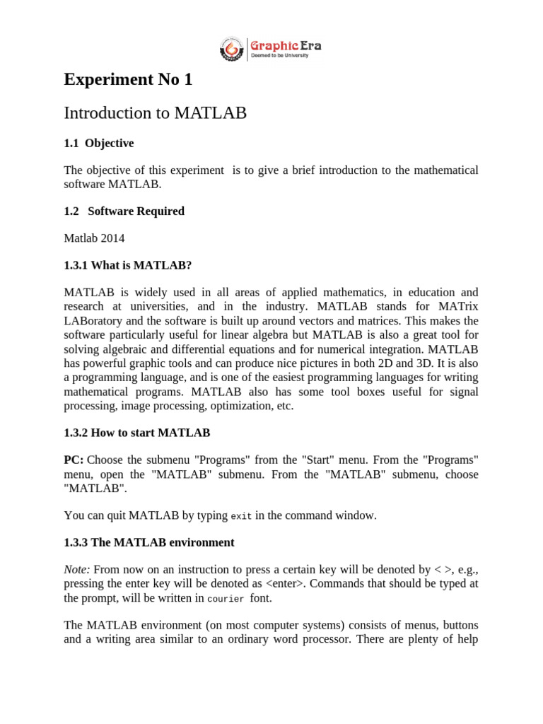 Experiment No 1 (1) | PDF | Matrix (Mathematics) | Matlab