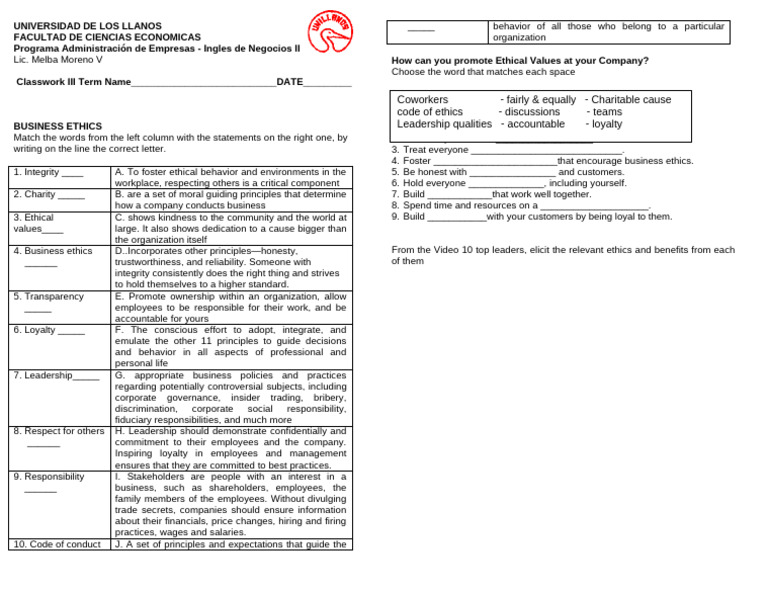 Classwork III Term Ethical Values 1-2024 | PDF | Business Ethics | Employment