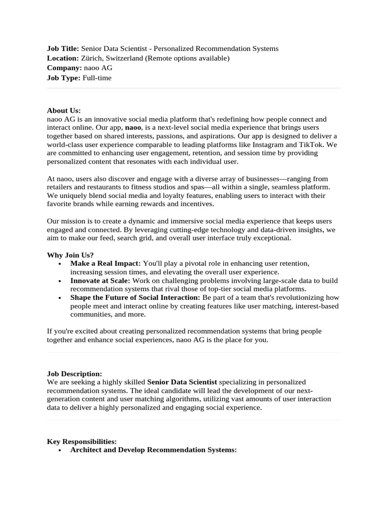 Naoo Is Hiring Senior Data Scientist Pdf Microsoft Azure Machine Learning 