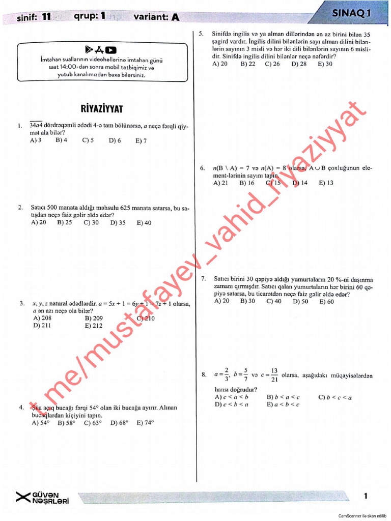 Güvən Sınaq 1 XI Sinif I Qrup 06.10.2024 | PDF