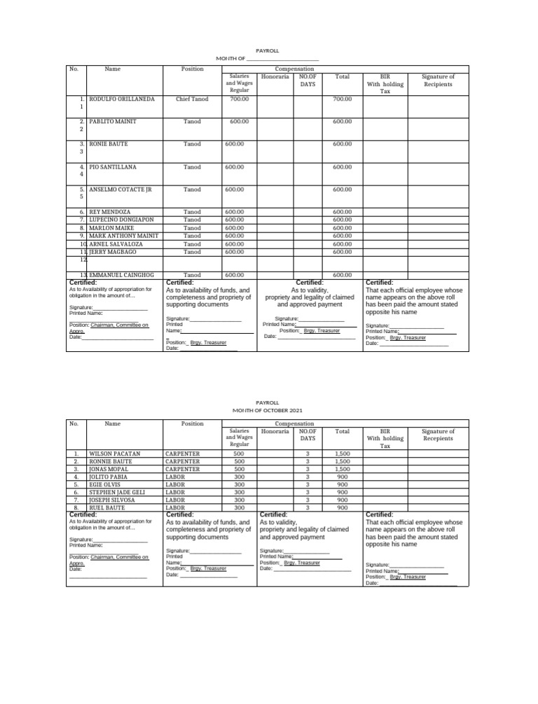 PAYROLL Tanod | PDF | Payroll Tax | Working Conditions