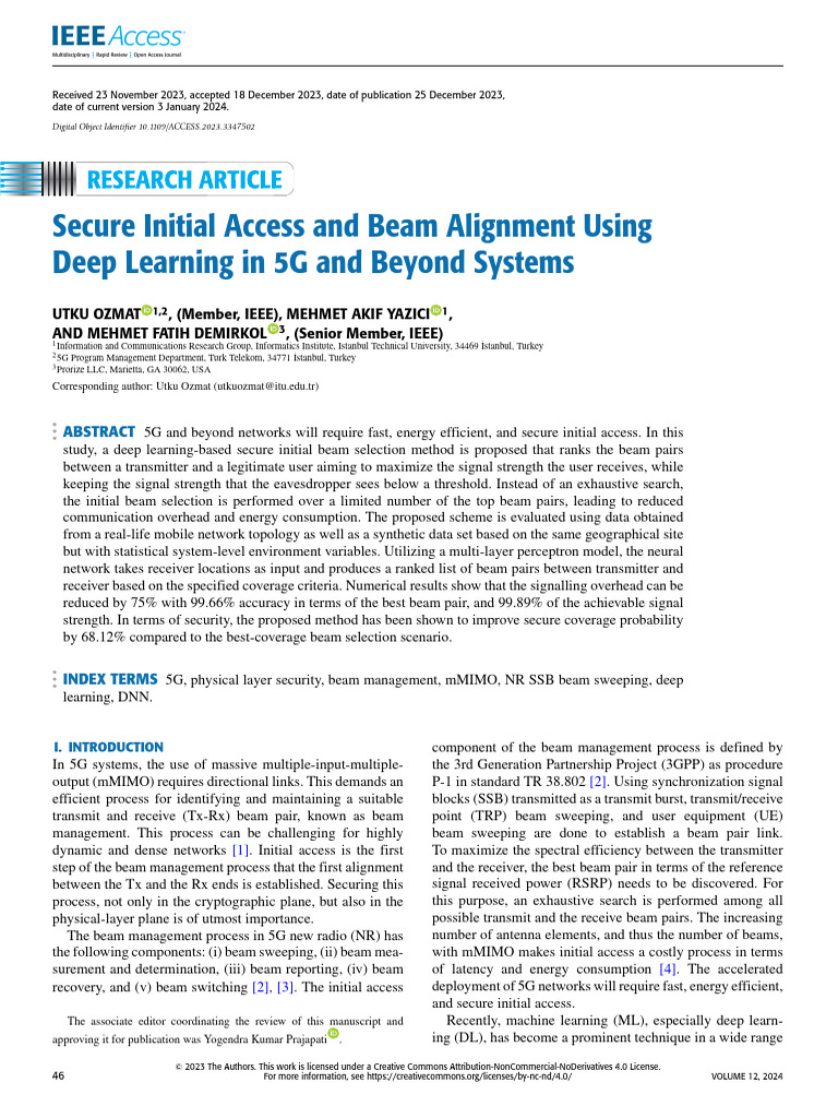 Secure Initial Access and Beam Alignment Using Deep Learning in 5G and Beyond Systems | PDF ...