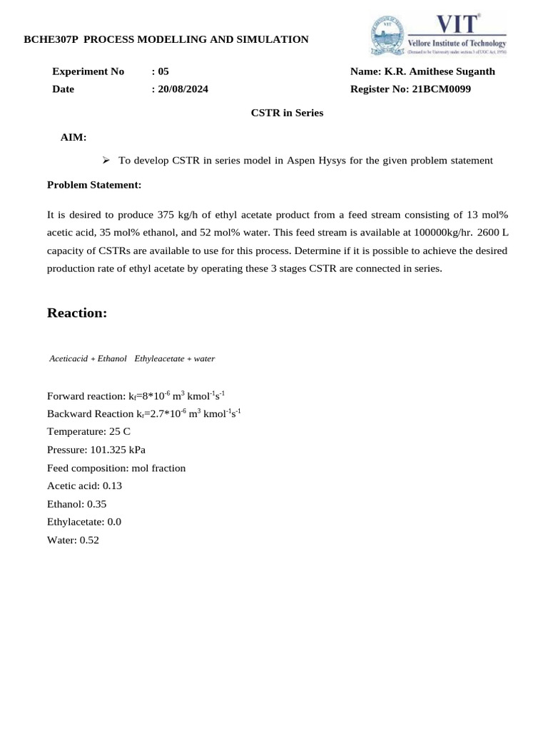 21BCM0087 - CSTR in Series | PDF