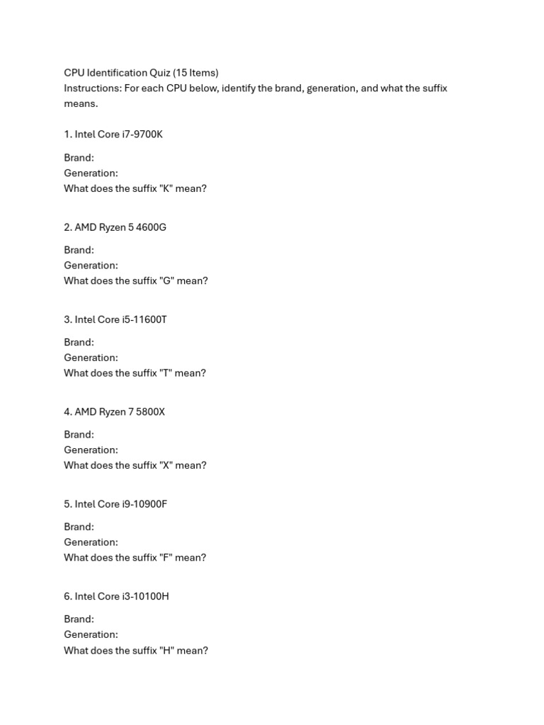 CPU Suffix Quiz for Tech Enthusiasts | PDF