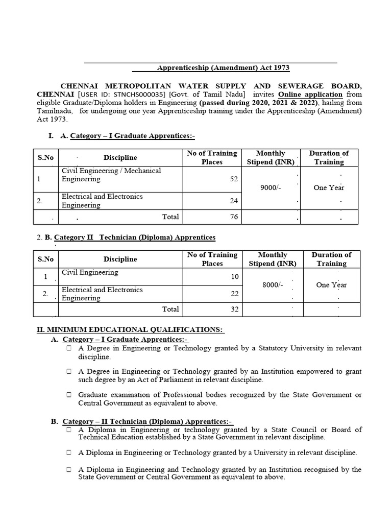 CMWSSB 2023-24 Apprenticeship Notification | PDF | Apprenticeship