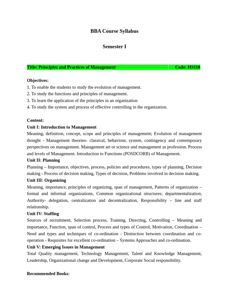 BBA Course Syllabus 1st Semester | PDF | Statistics | Financial Accounting